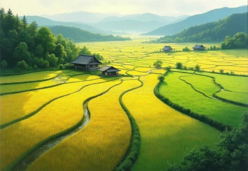 Above View Japanese Rice Fields Stock Illustration - Illustration of ...