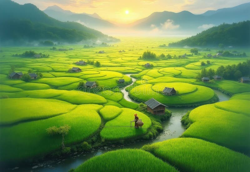 Above View Japanese Rice Fields Stock Illustration - Illustration of ...