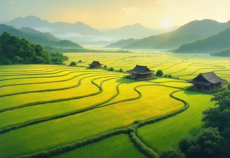 Above View Japanese Rice Fields Stock Illustration - Illustration of ...