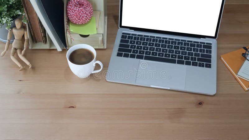 Above View Simple Workplace with Computer Laptop, Coffee Cup and ...
