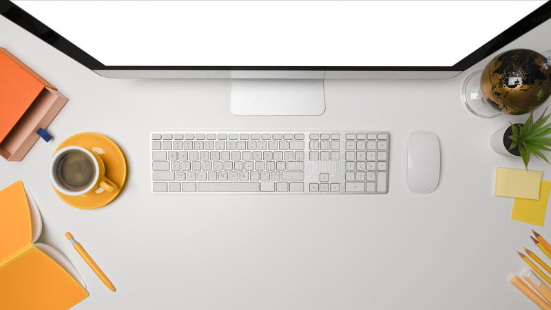 Top View Stylish Workspace with Computer, Coffee Cup and Notebook on ...