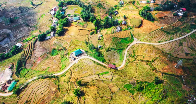 Above View of Tavan Village and Rice Field Terraced in Valley at Sapa ...