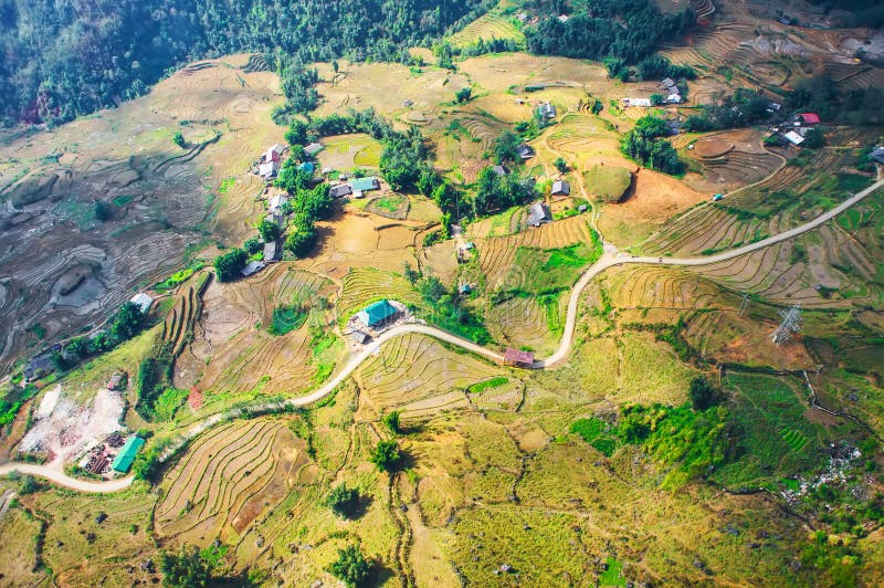 Above View of Tavan Village and Rice Field Terraced in Valley at Sapa ...