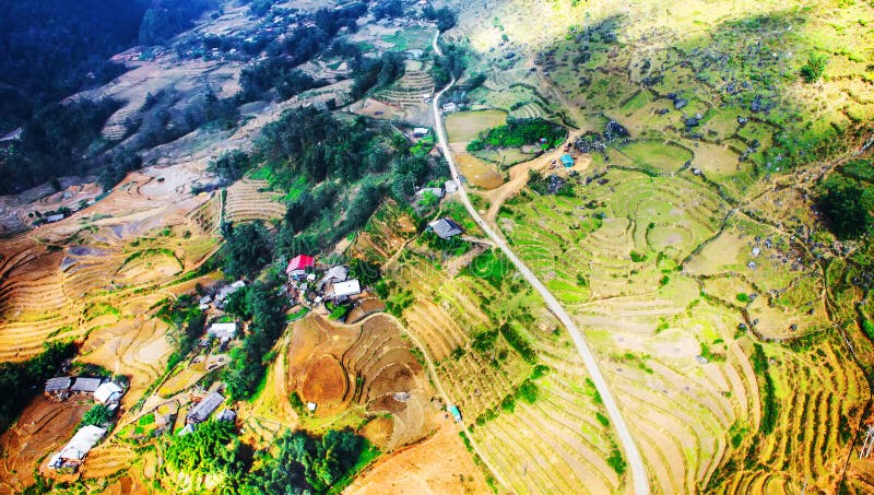 Above View of Tavan Village and Rice Field Terraced in Valley at Sapa ...