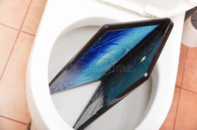 Above View of Very Careless Person Forgot the Computer in the Toilet ...