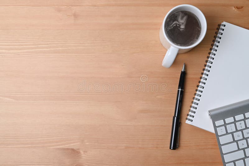 Above View Office Desk with Coffee Cup, Notebook and Keyboard. Stock ...