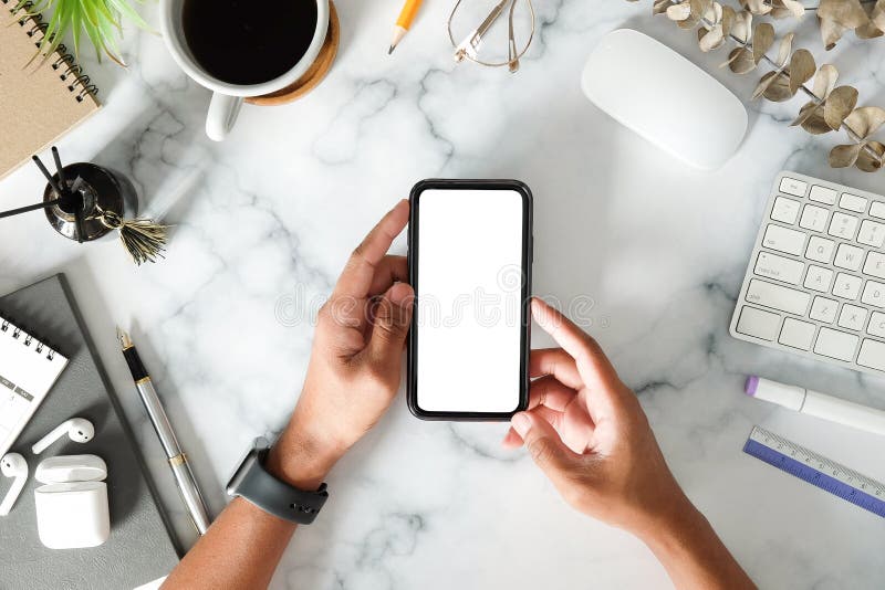 Above View Young Man Holding Smart Phone with White Screen on Marble ...