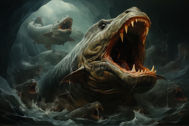 Above the Waves of the Sea, a Babula is Eating a Fish with His Mouth in ...