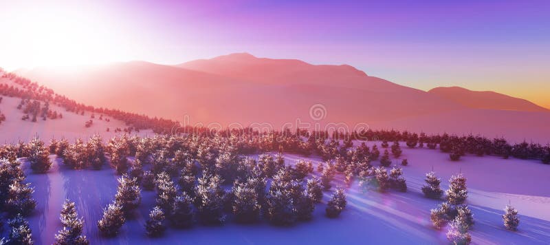 Above Winter Forest Mountain Sunset Stock Illustration - Illustration ...