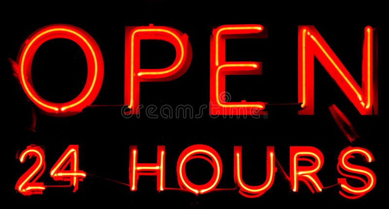 Abra 24 Horas De Muestra De Neón Imagen de archivo - Imagen de efecto ...