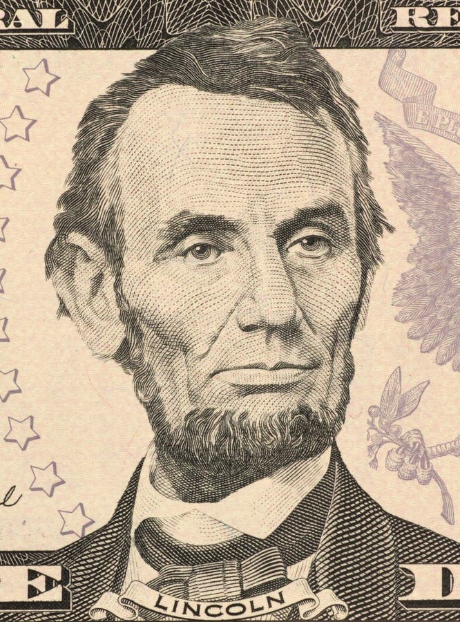 President Abraham Lincoln on Five Dollar Bill Stock Photo - Image of ...