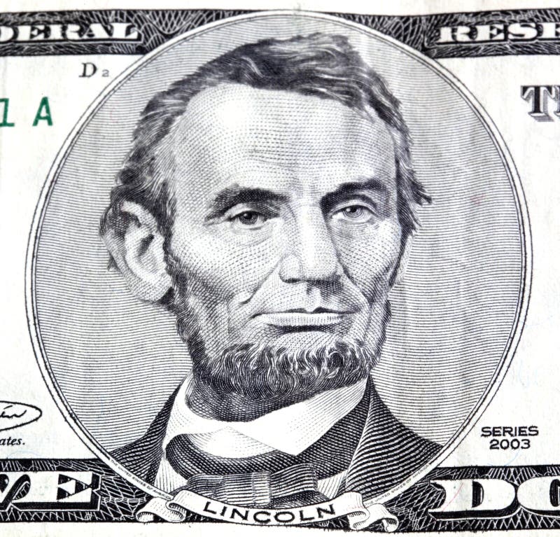 President Abraham Lincoln on Five Dollar Bill Stock Photo - Image of ...