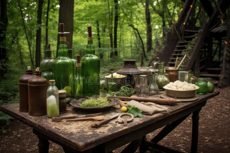 Absinthe-making Ingredients Laid Out on Picnic Table Stock Image ...