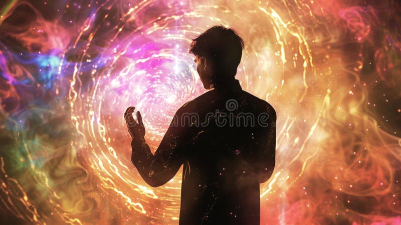 Young Man’s Dark Silhouette in Stunning Spiritual Magical Background ...