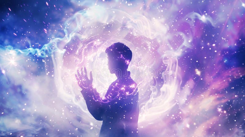 Young Man’s Dark Silhouette in Stunning Spiritual Magical Background ...