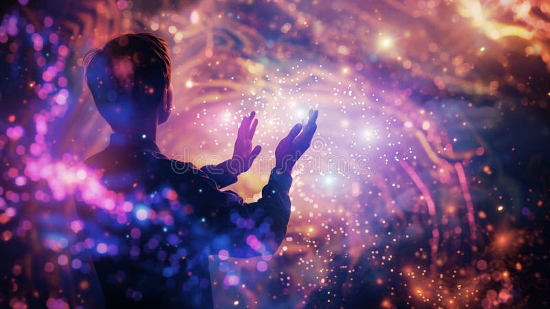 Young Man’s Dark Silhouette in Stunning Spiritual Magical Background ...