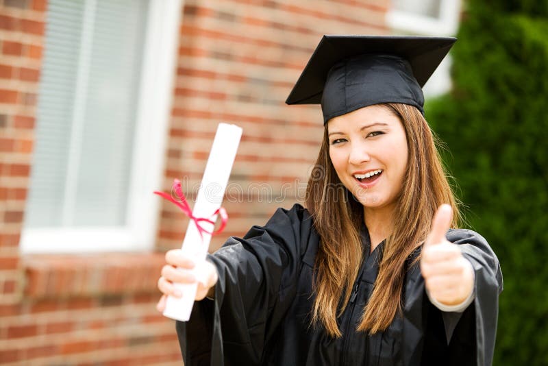 Absolvent: Studentin Gives Graduation Thumbs Oben Stockbild - Bild von ...