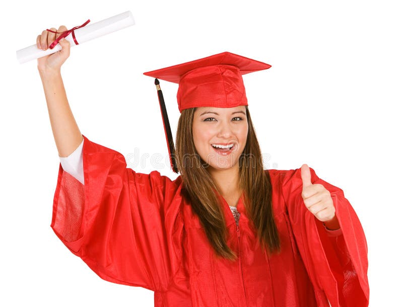 Absolvent: Studentin Giving Thumbs Up Stockfoto - Bild von doktorhut ...