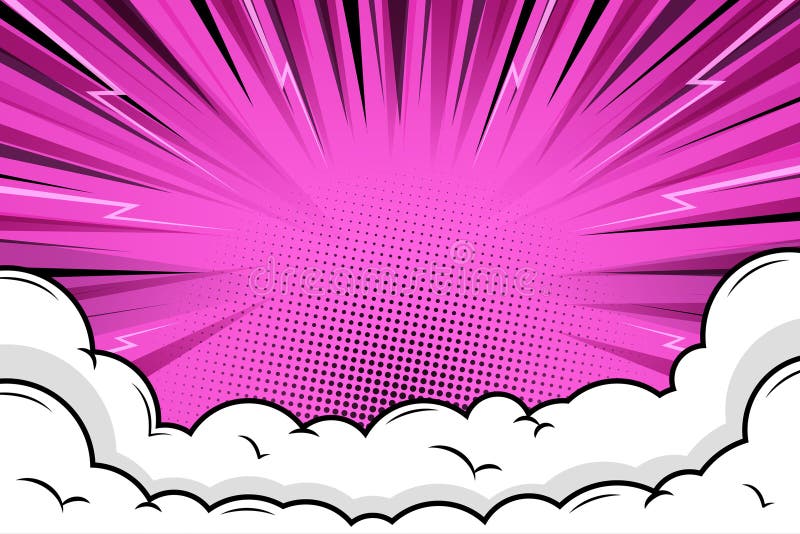 Abstract Pink Halftone Comic Background with Cloud Effect, Radial Lines and Flash Effects Stock ...