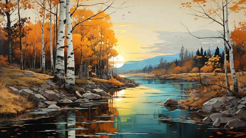 An Abstract Acrylic Oil Painting of a River and Birch Tree Landscape ...