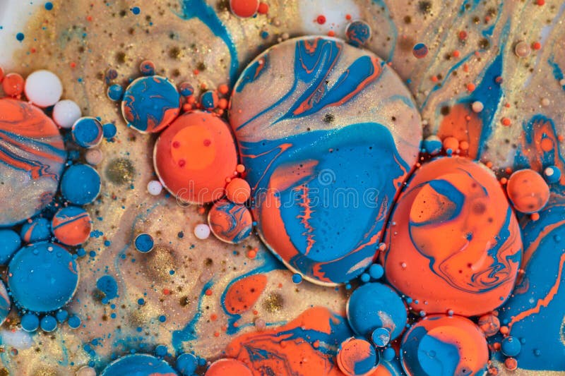 Abstract Acrylic Pour with Orange, Blue, and Gold Stock Image - Image ...