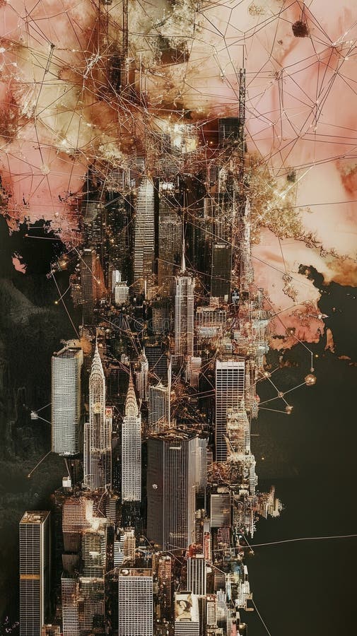 Abstract Cityscape with Interconnected Web Structure Stock Illustration ...