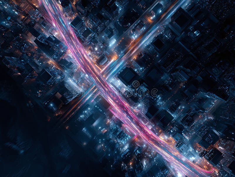 Abstract Aerial View of a Modern City at Night. Dynamic Light Trails ...