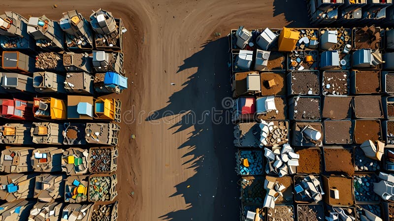 Abstract Aerial View of a Recycling Center with Sorted Piles of ...