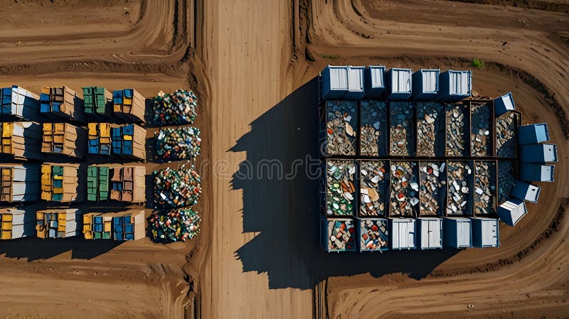 Abstract Aerial View of a Recycling Center with Sorted Piles of ...
