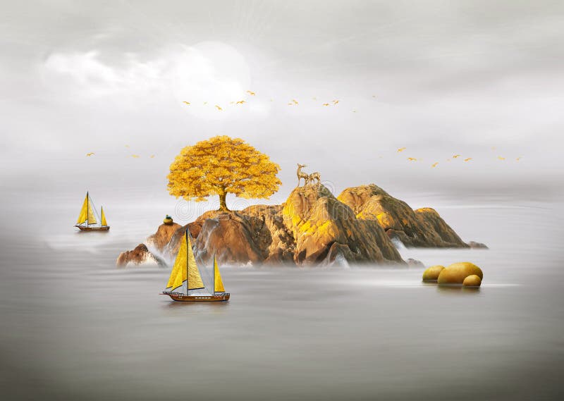 Abstract Hand Drawn Beautiful Landscape Gold Mountain Fortune Tree ...