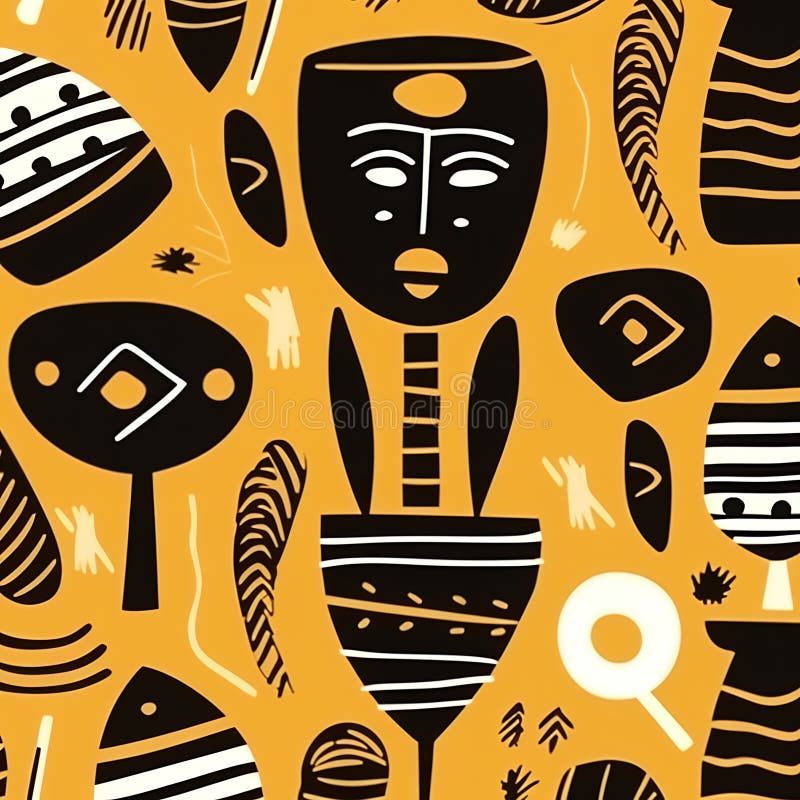 African Tribal Mask Pattern in Yellow Black and White Stock ...