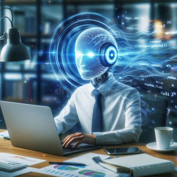 Abstract AI Accelerating Workflow for Office Workers - Futuristic Depictions of Artificial ...