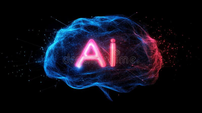 Abstract Ai Brain Concept with Glowing Neon Letters Stock Illustration ...