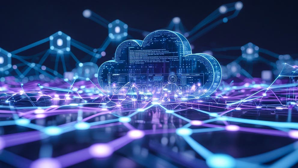 Abstract AI Cloud Computing Network with Glowing Data Streams and Digital Nodes AI Generated ...