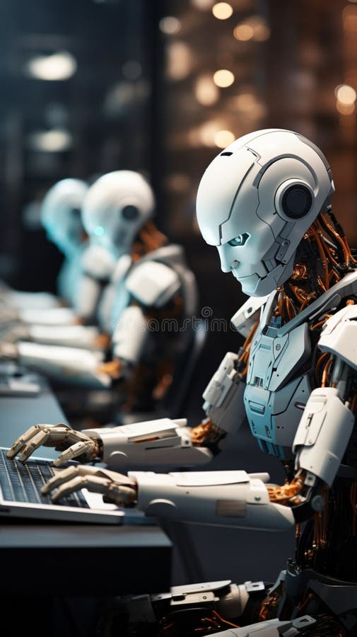 Abstract AI in a 3D Rendered Office, Highlighting Robotic Workforce ...