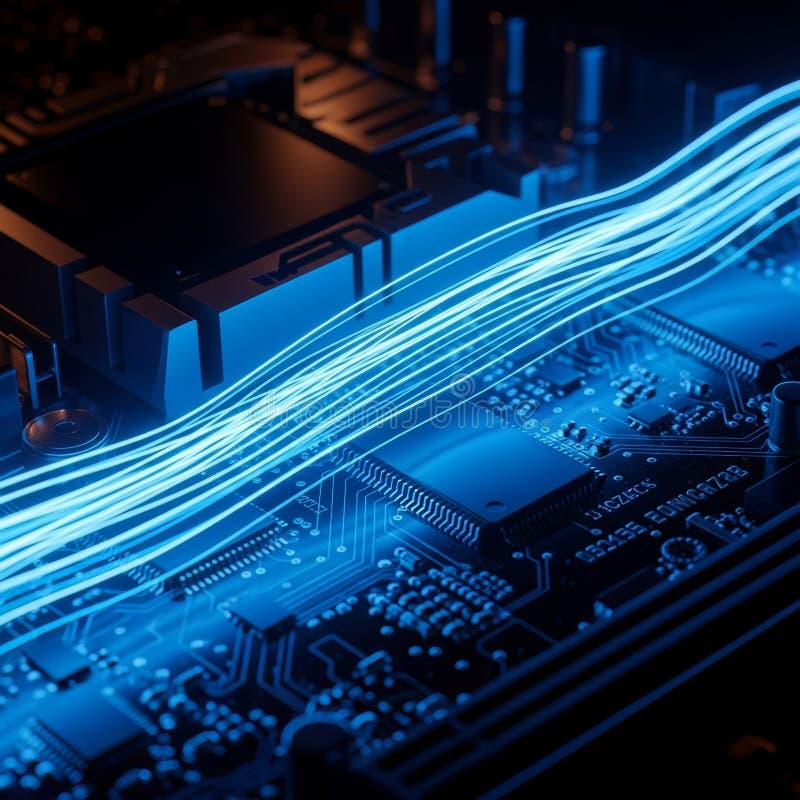 Abstract AI Data Flow on Blue Illuminated Motherboard, Advanced ...