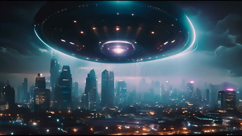 Abstract AI-generated Background with UFO Aliens Spaceship Above the ...