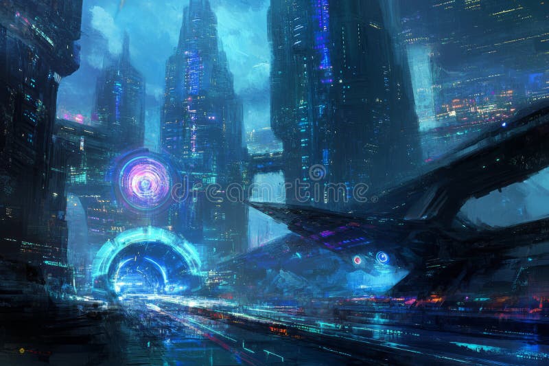 Abstract AI-generated Futuristic Landscape with Glowing Data Towers ...