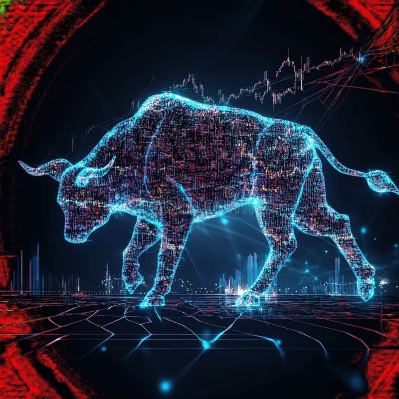 Abstract AI Generated Illustration of a Bull with Data and Stock Market ...