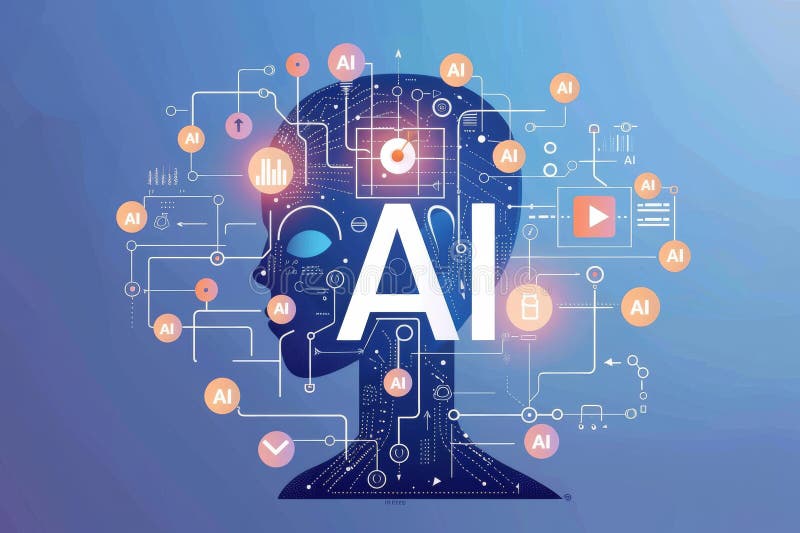 Abstract AI Head with Digital Network and Circuitry in Vibrant Colors ...