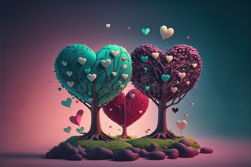 Abstract Ai Illustration of Three Different Colored Heart Shaped Trees ...
