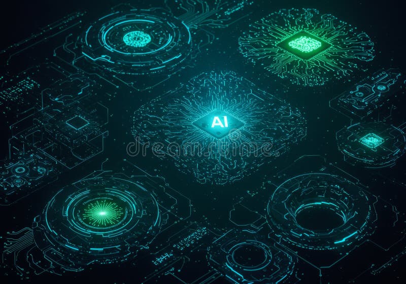 Abstract AI Network: Glowing Green and Blue Digital Circles Stock ...