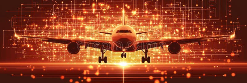 Abstract Airplane Takes Off on Red Technology Background with Lines ...