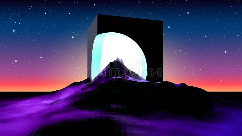 Abstract Alien Landscape with Mysterious Ruins of Cube Building and ...