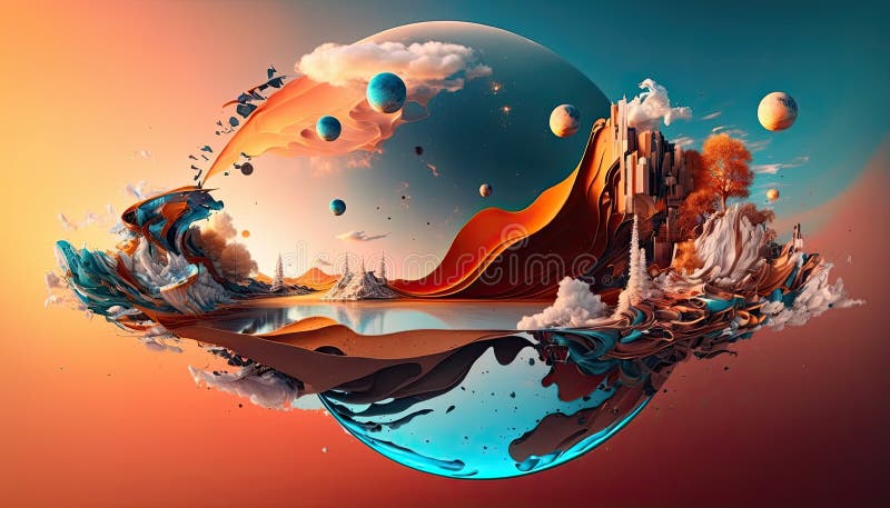 Abstract Alien Planet with Mountains Lakes and Solar System in a Pod ...