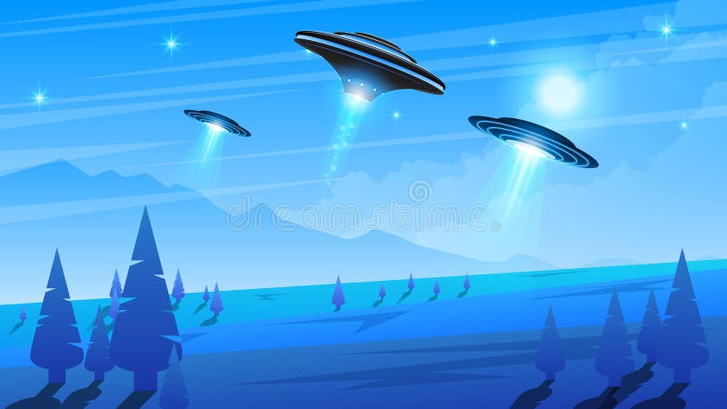 Abstract Aliens on Flying Saucers in Dark Space Planet Background ...