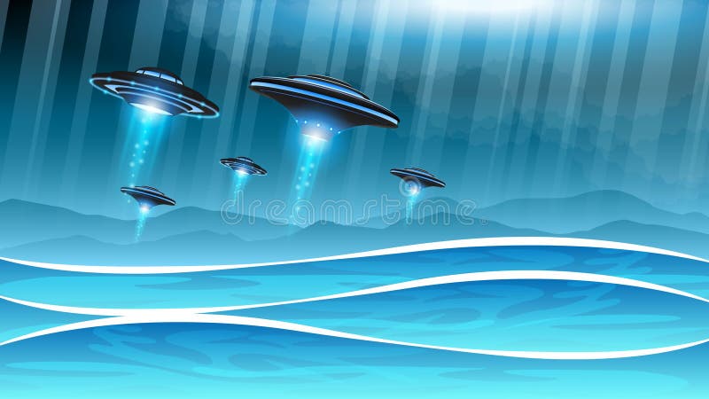 Abstract Aliens on Flying Saucers in Dark Planets Background Gradient ...