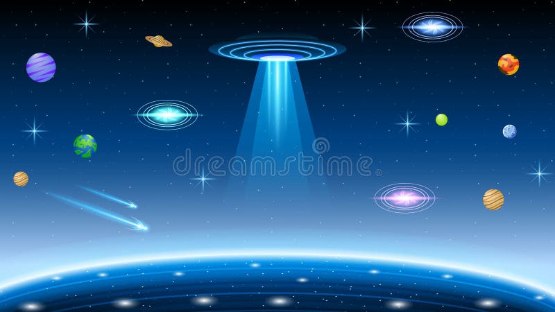 Abstract Aliens on Flying Saucers in Dark Planets Background Gradient ...