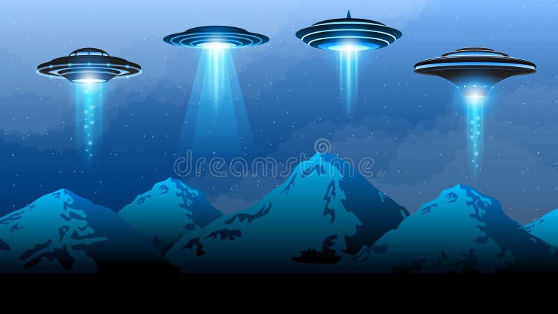Abstract Aliens on Flying Saucers in Dark Planets Background Gradient ...