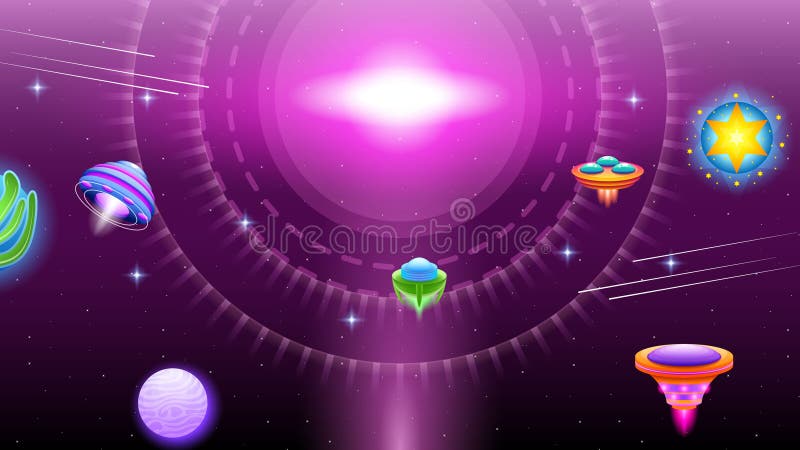 Abstract Aliens on Flying Saucers in Dark Space Planet Background ...